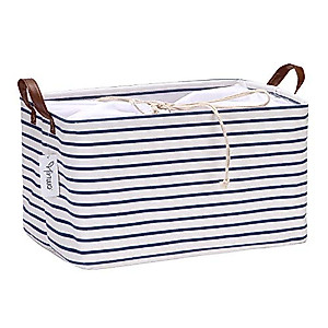 Hinwo 31L Large Storage Bins, Closet Organizers and Storage, Shelf Baskets, Foldable Clothes Storage Baskets with Handles, Containers for Clothing, Blanket, Towels, Toys, Bedding (Navy Stripe)