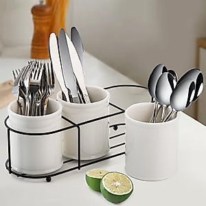 Bekith 3-Piece Ceramic Silverware Caddy with Metal Rack, Utensil Holder Flatware Caddy Cutlery Storage Organizer for Kitchen Table, Cabinet or Pantry
