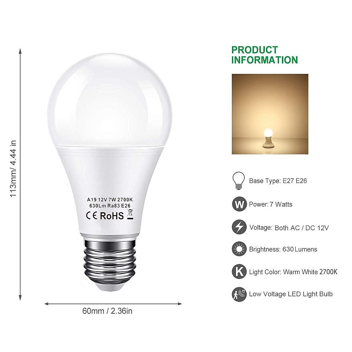 BAYSHE 12V LED Light Bulb 60Watt Equivalen E26 7W 630Lm 12 Volt Low Voltage Lights AC/DC 11-18V A19-12volt RV Marine Boat Landscape Lighting- 6 Pack(2700K Warm White)