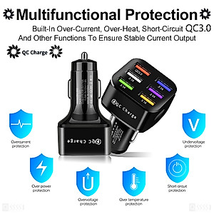 Amiss Car Charger Adapter, 6 USB Multi Port, Fast Charger, Include QC 3.0 and 5 Other Ports, Car Interior Accessories, Fit for iPhone 13/12/11/pro，Samsung Galaxy/Note S10/S9/S8 - Bright Black