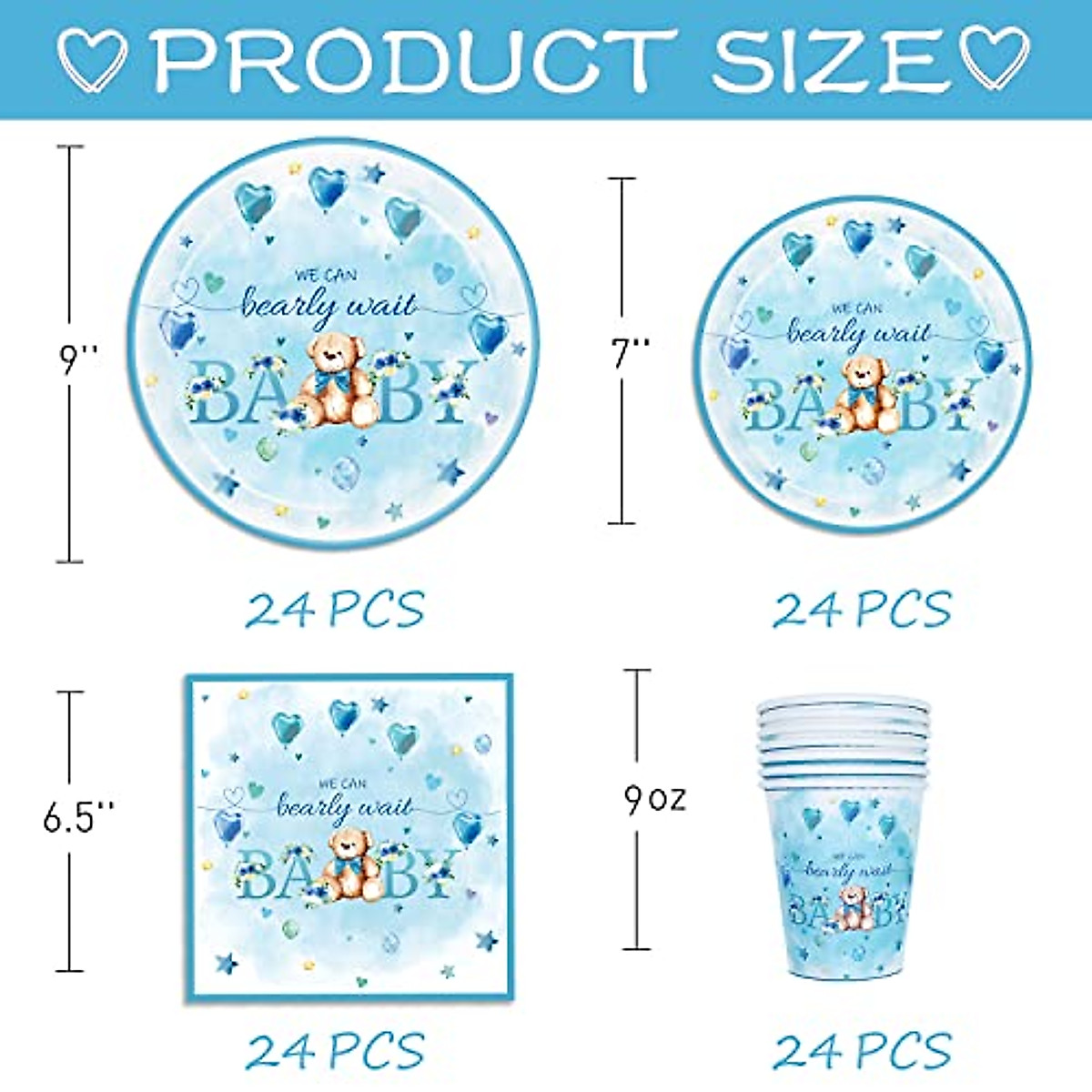 Oigco Teddy Bear Baby Shower Tableware Plates and Napkins - We Can Bearly Wait Baby Shower Decorations Supplies for 24 Guests Boy Bear Theme Party Supplies Kids Birthday Party and Baby Shower
