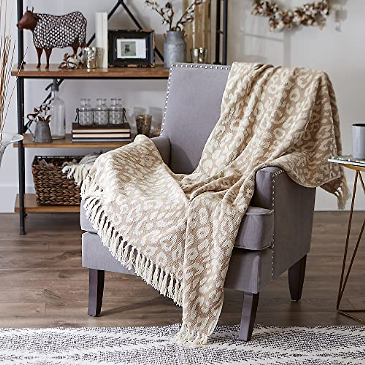 DII Bold Eclectic Leopard Woven Throw, 50x60, Tan with White Spots