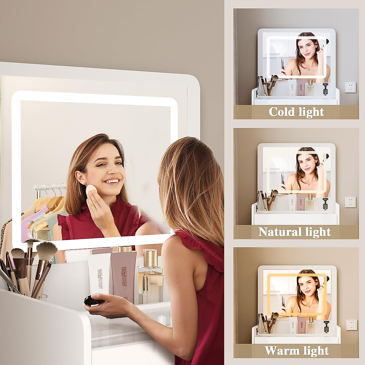 clicliet Small Vanity with Mirror and Lights, 3 in 1 Vanity Desk with Plip Top and Visible Glass Desktop, Compact Makeup Vanity with 2 Drawers & 1 Cushioned Storage Vanity Chair, for Bedroom