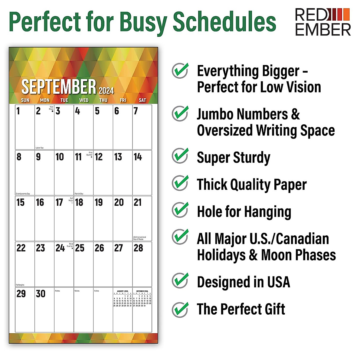 RED EMBER The Big Grid Jumbo Large Print - Pyramids 2024 Hangable Monthly Wall Calendar - 12" x 24" Open | Giftable | Easy to Read Planners for Office Extra Large | Massive Writing Space