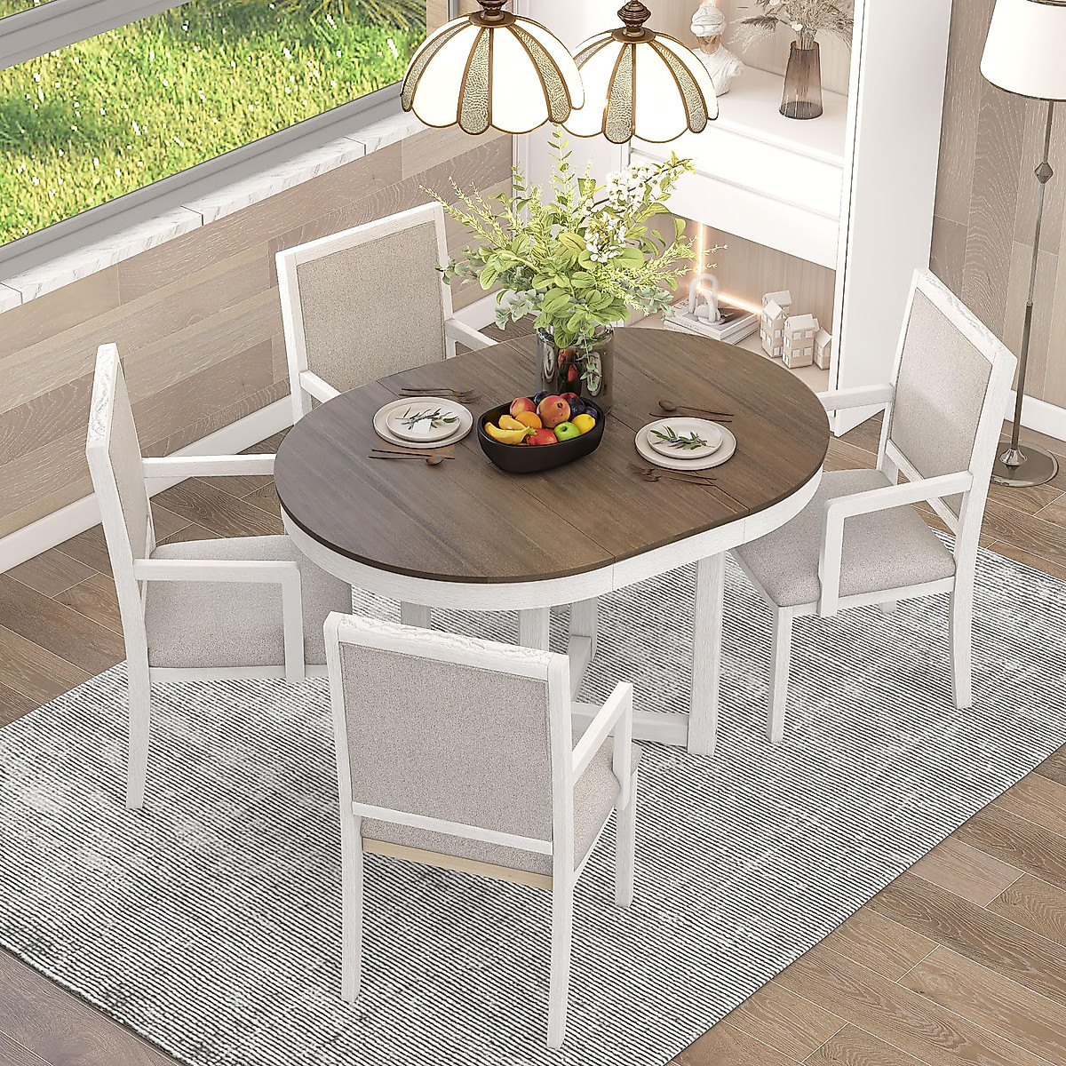 POCIYIHOME 5-Piece Kitchen Furniture Set, Wood Two-Size Round to Oval Extendable Butterfly Leaf, 4 Upholstered Dining Armrests, Table/Chairs for 4 (Brown+White), 42"-57.7" L x 42" W x 30" H