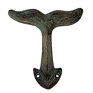 Rustic Green Patina Cast Iron Whale Tail Wall Hooks, 4 1/2 Inches, Set of 3