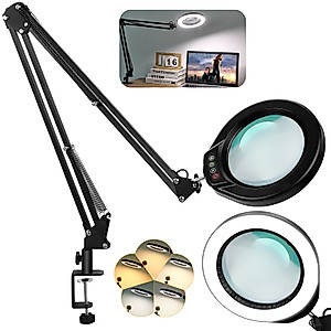 Veemagni 5 Inch Large Magnifying Glass with Light and Stand, 5 Color Modes Stepless Dimmable, 2*16 Inch Swivel Arm LED Clamp Desk Lamp, Hands Free 5X Lighted Magnifier for Close Work Crafts Soldering