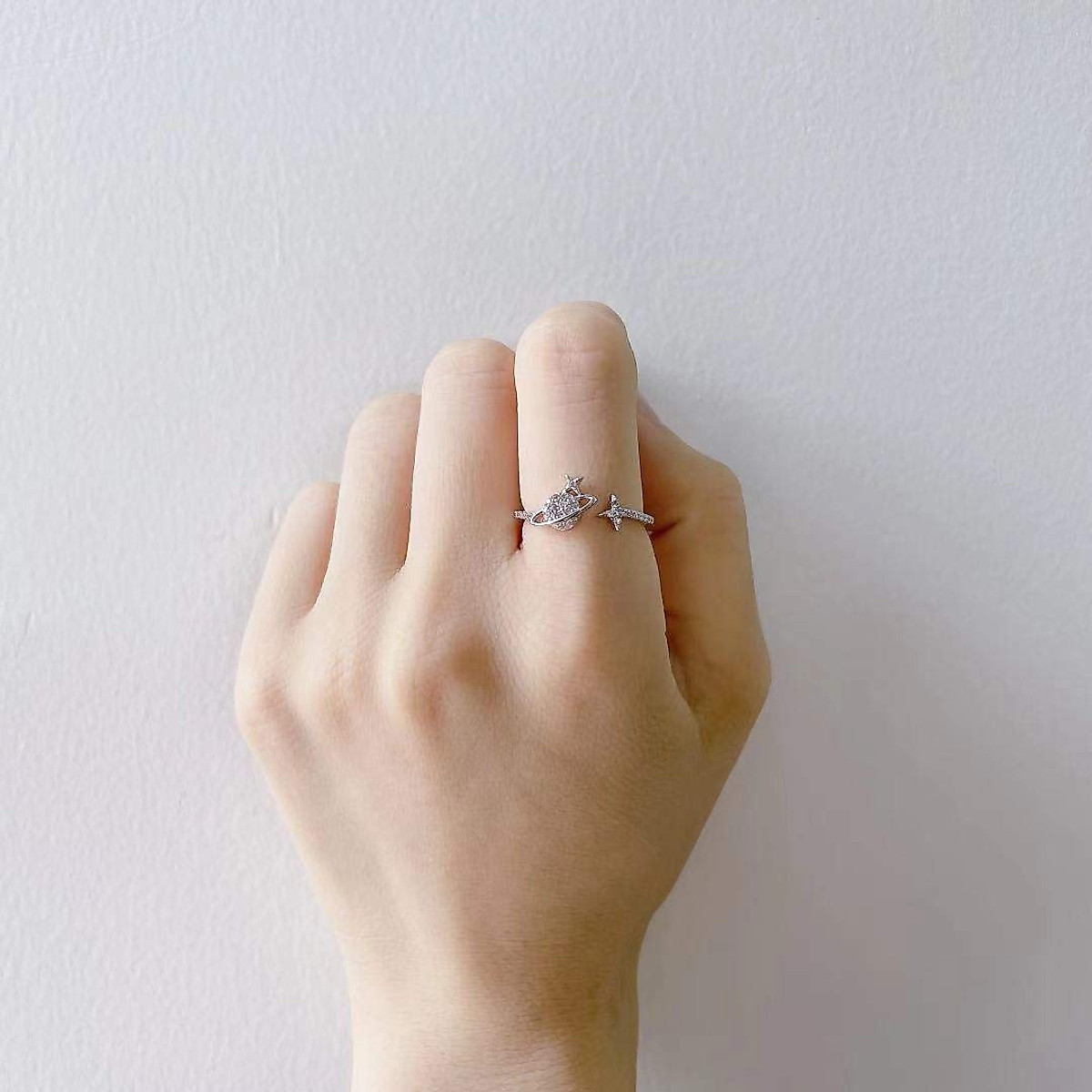 Izpack Planet Star Sterling Silver Open Stacking Rings for Women Dainty Cubic Zirconia Crystal Adjustable Engagement Promise Wedding Ring Wrap Finger Thumb Band Cute Jewelry Gifts