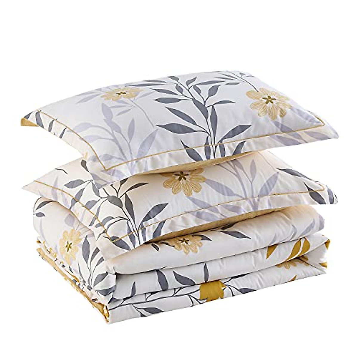 SLEEPBELLA Comforter Queen Size, 600 Thread Count Cotton Grey Branch with Yellow Flower & Grey Leaves Pattern Orange Reversible Comforter Set,Down Alternative Bedding Set 3Pcs(Queen, Yellow Botanical)