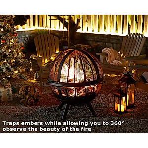 Fissfire 35 Inch Fire Pit Sphere, Outdoor Wood Burning Flaming Ball FirePit with Pivot Spark Screen, Backyard Patio Camping Beach Bonfire Pit
