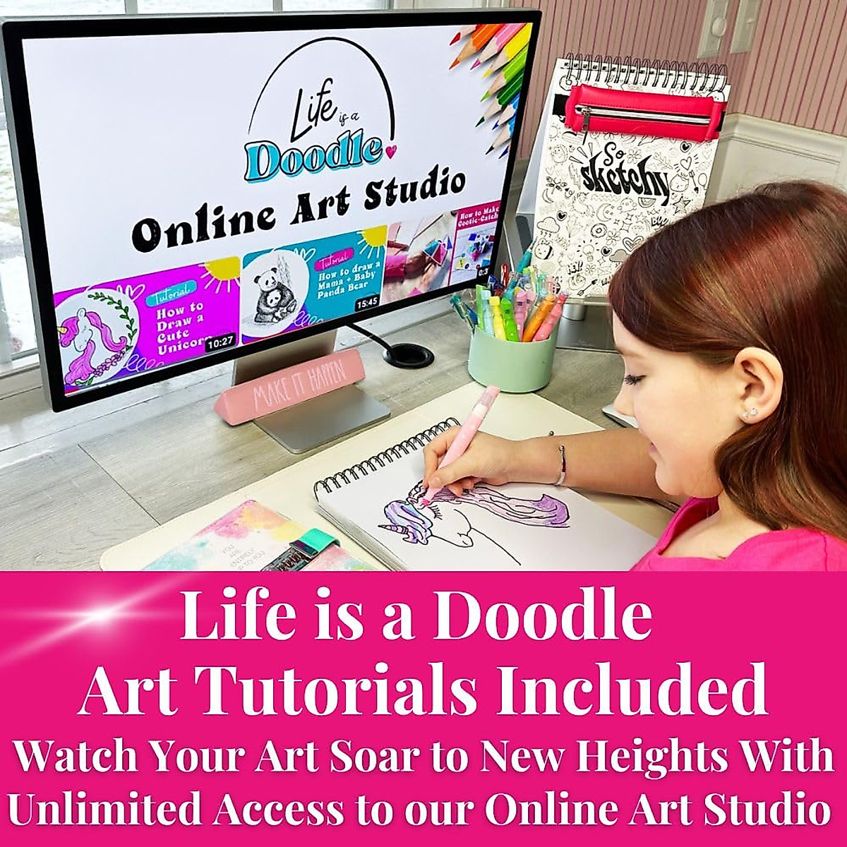 Life is a Doodle Sketch Book for Kids -Kids Art Set w/Sketchbook, Art Supplies Pouch, Cute Cuff & Unlimited Access to Kids Online Art Classes - Large Sketch Pad for Kids Art Journal Doodle Pad