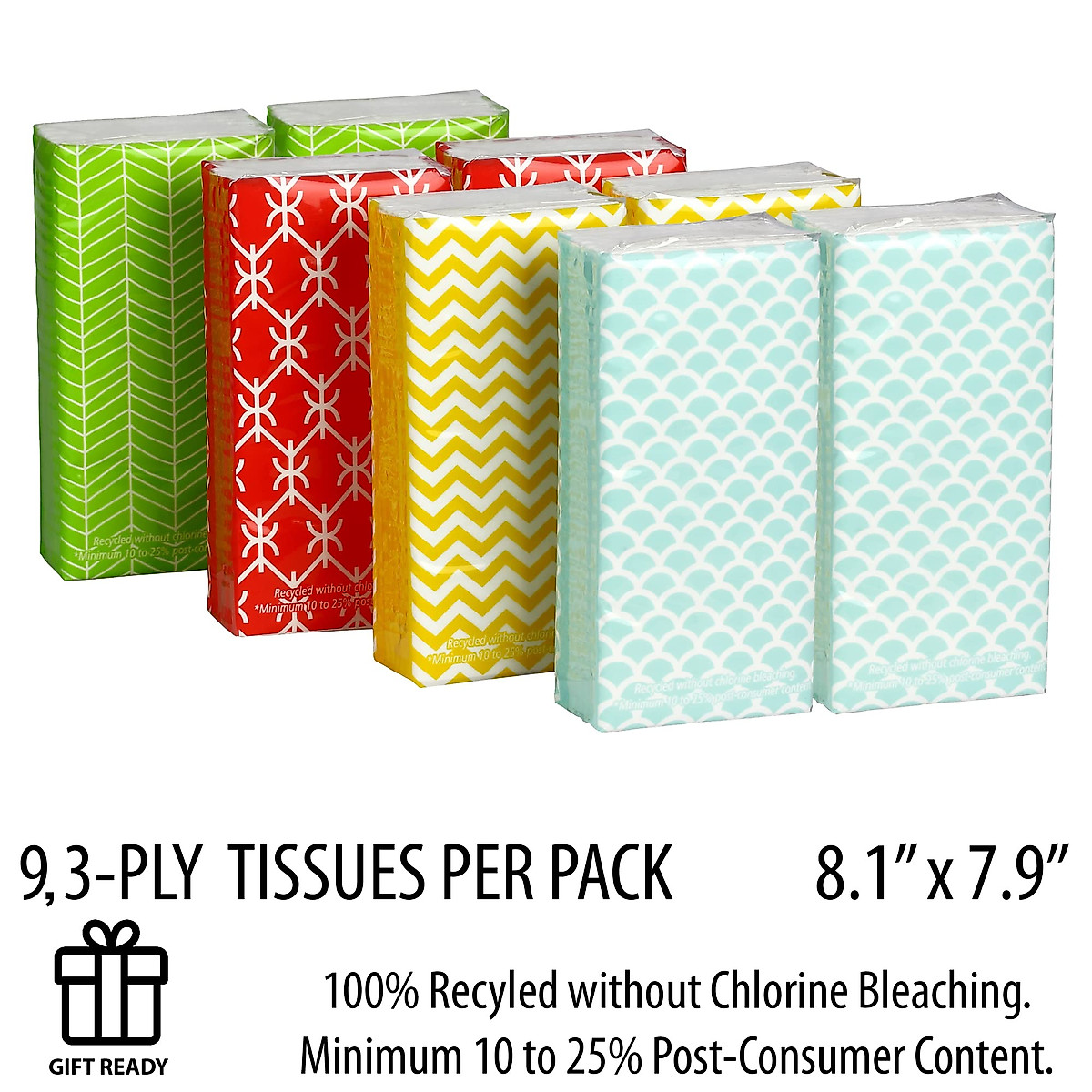 Funwares Pocket Sized White Car Travel School Work Facial Tissue, 24 Packs, 216 Total 3-Ply Tissue Sheets (9 - 3-Ply Tissue Sheets Per Pack), Elegant Floral Print Designed Package