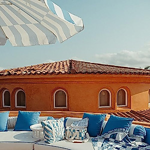 Business & Pleasure Co. Amalfi Umbrella - 7.2' Boho Beach Umbrella - Large & Sturdy Yet Lightweight - UPF 50+ UV-Resistant Canvas, Classic Spiral Blue