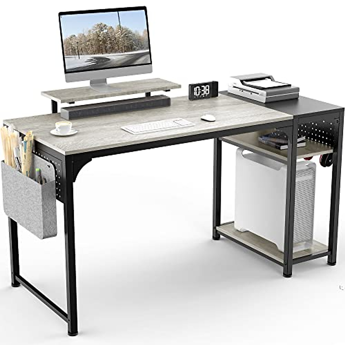 55 Inch Oak Grey Home Office Computer Desk with Monitor Stand Storage Shelves, Work Study Writing PC Gaming Table Large Workstation with Sturdy Black Metal Frame Dual Pegboard Organizers & Accessories