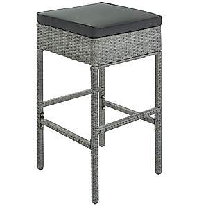 Lepfun Patio Bar Counter Height Bistro, Outdoor 5-Piece PE Rattan Dining Set, All-Weather Wicker Square Kitchen Table with Storage Shelf and 4 Padded Stools, Grey