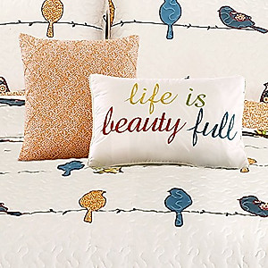 Lush Decor Rowley Birds Quilt Reversible 7 Piece Bedding Set with Floral Animal Bird Print and Decorative Pillows, King, Multi