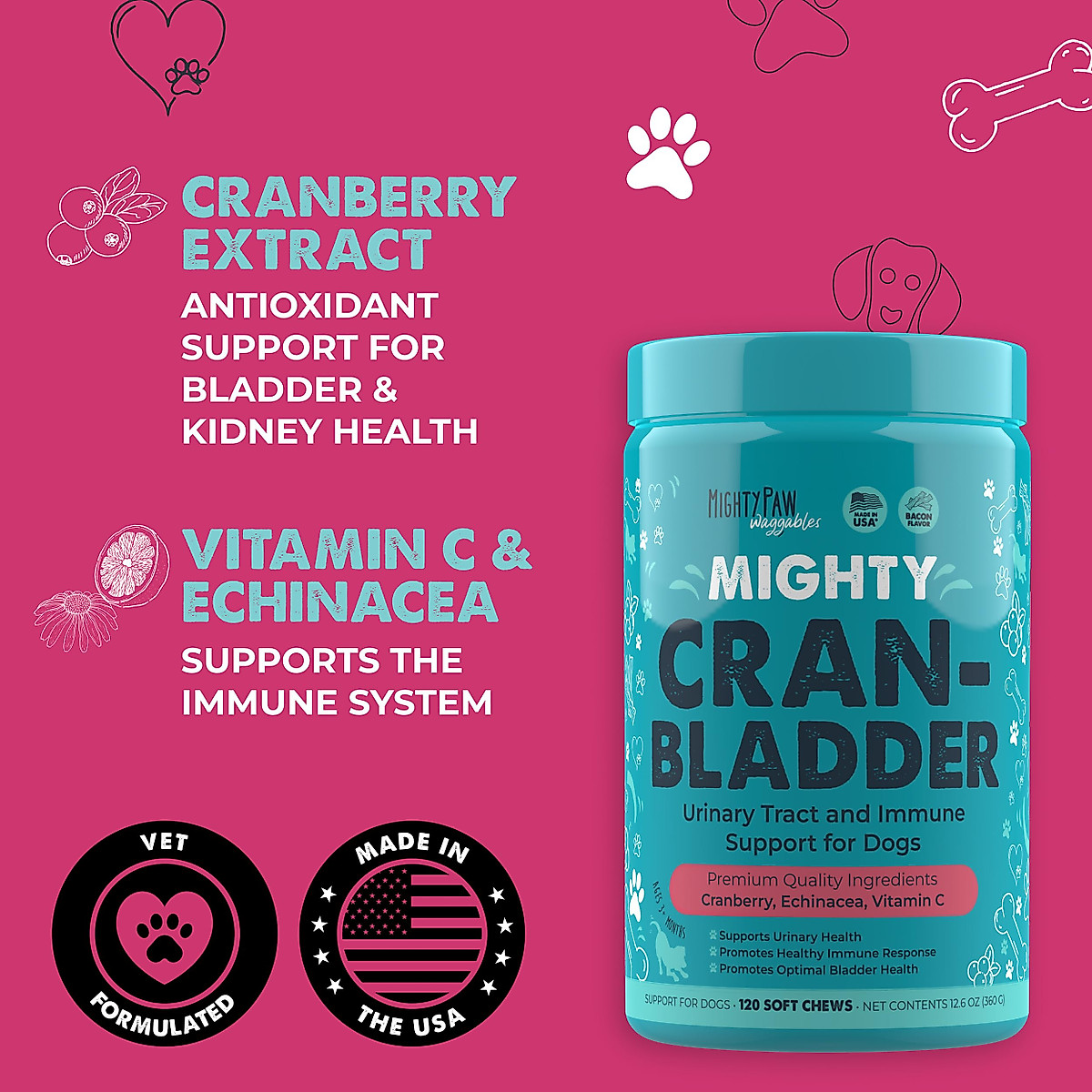 Mighty Paw Waggables Cran-Bladder (Made in The USA) | Cranberry Supplement for Dogs, Cranberry Chews for Urinary Tract Health. Kidney, & Bladder Support. Antioxidant Immune Health (120 Count)