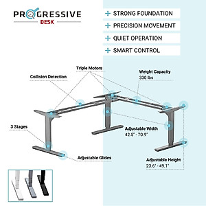 Progressive Desk L Shaped Height Adjustable Standing Desk 59" x 59" - Corner Computer Desk - Electric Stand Up Rising Workstation - Gray Frame/Dark Oak Top
