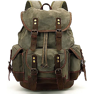 HuaChen Vintage Wax-Coated Canvas & Leather Backpack: Spacious Durable Rucksack for Men & Women, Perfect for Travel, Hiking, and College Life (M86_Army Green with Coffee)