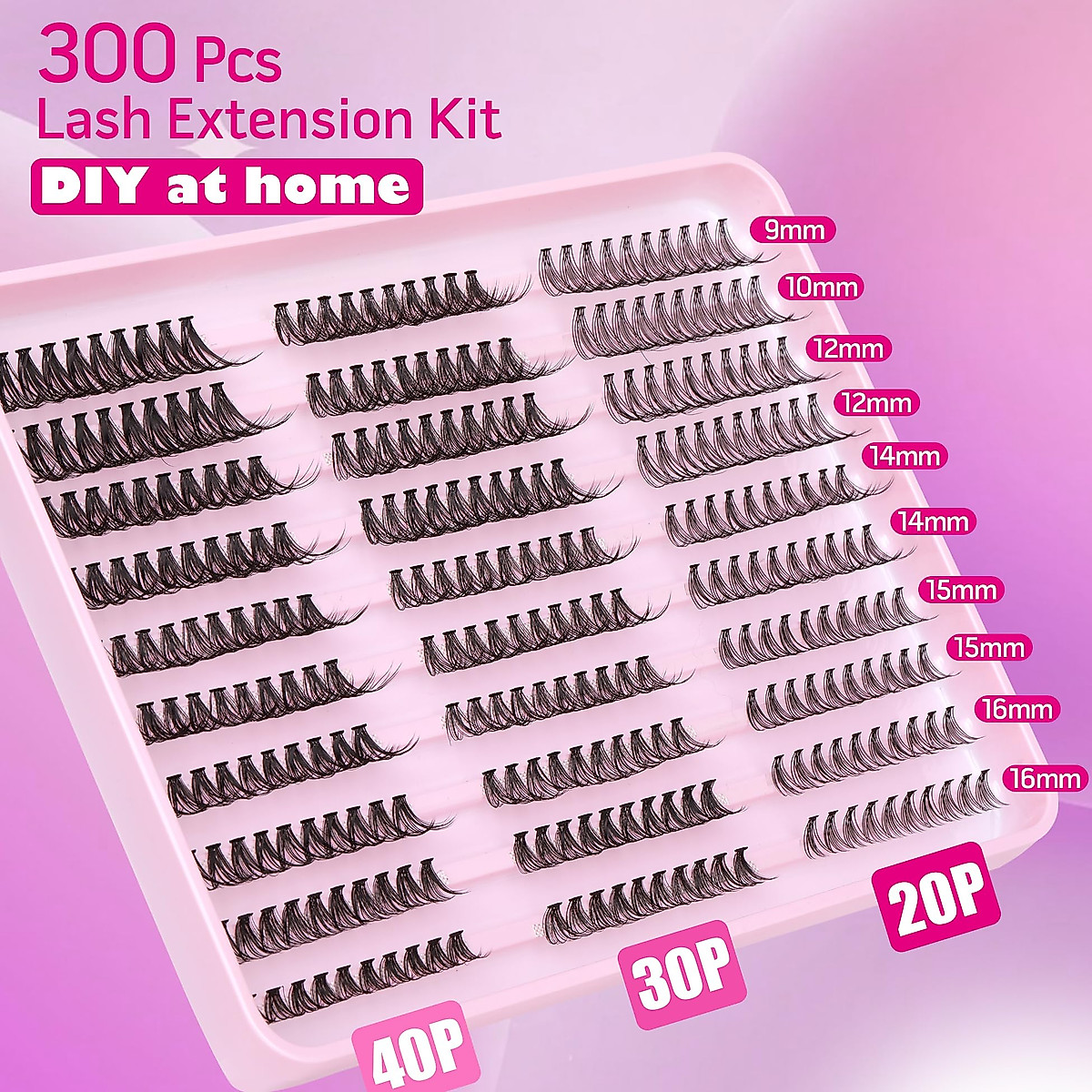Eyelash Extensions Kit 300 Pcs Lash Clusters Individual Lashes with Strong Hold Lash Bond and Seal and Cluster Eyelashes Applicator Tool (20D/30D/40D)