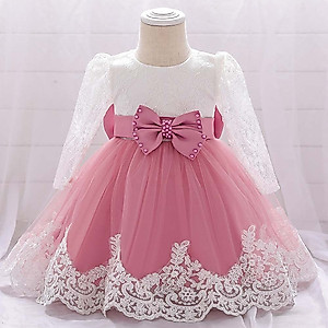 6-24 Months Baby Girl Big Bowknot Lace Flower Wedding Ball Gown Toddler Princess Dresses Pink 6-12 Months