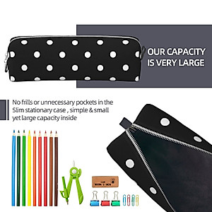 Ykklima Leather Pencil Case - Polka Dot Black and White Simple Pattern, Stationery Bag Pen Organizer Makeup Cosmetic Holder Pouch for School Work Office College