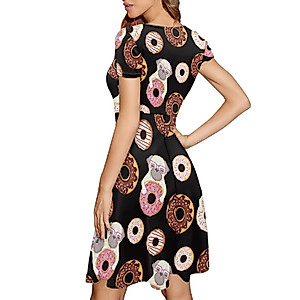 POLERO Funny Donuts Pugs Dogs Print Women Fashion Confort Midi Dress Round Neck Short Sleeve Summer Dresses Animals Puppy Pets Eat Foods Size S