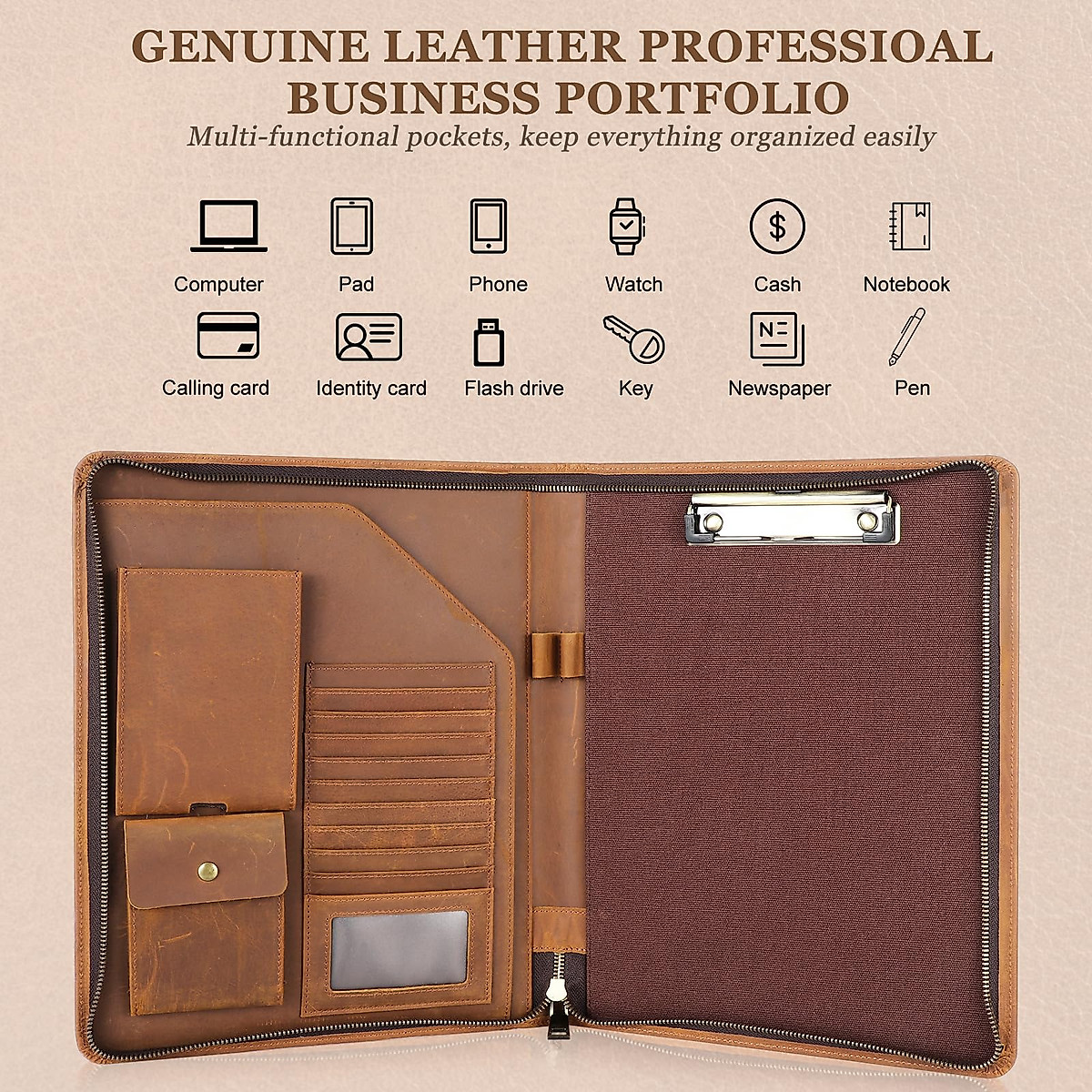 Full Grain Leather Portfolio Binder, Padfolio Business Resume Legal Pad Notebook Binder for A4/Pad, Folio Leather Folder, Tablet Padfolio for iPad, Portfolio Organizer with Zipper for Women/Men