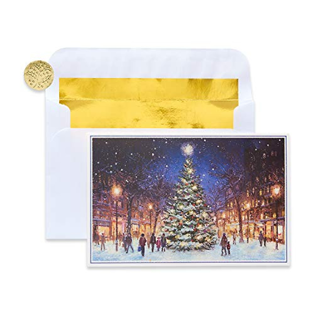 American Greetings Bulk Boxed Christmas Cards Premium City Street Scene Gold Foil-Lined White Envelopes, 14 Pack, One Size, Multicolored