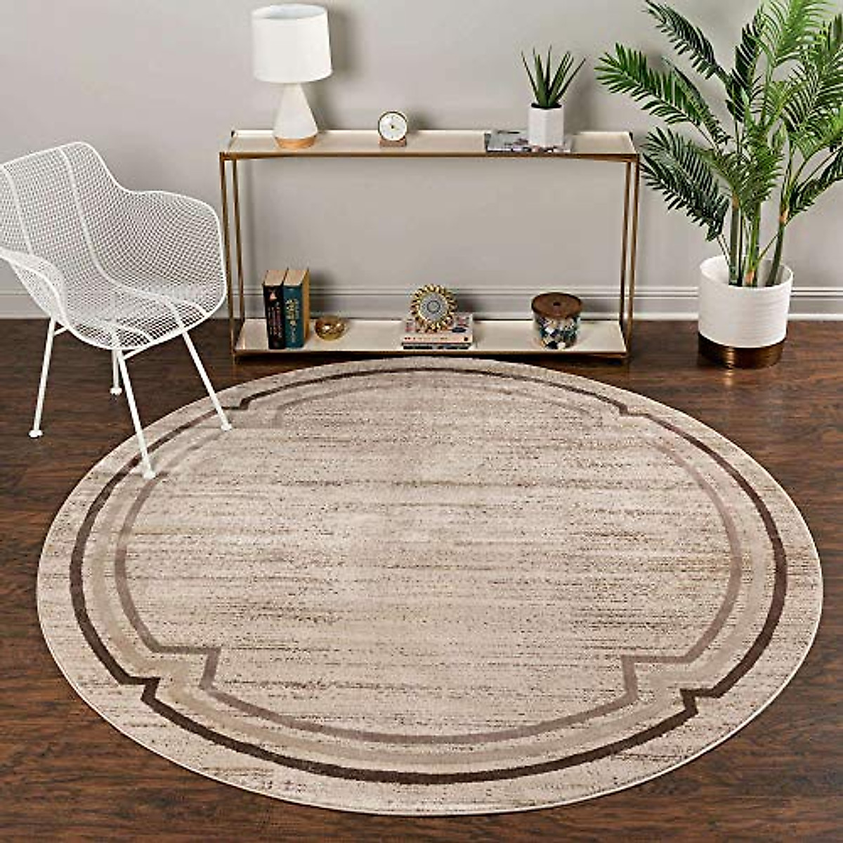 Unique Loom Oasis Collection Modern, High-Low Pile, Border, Stripes, Abstract Area Rug (7' 0 x 7' 0 Round, Brown/Beige)