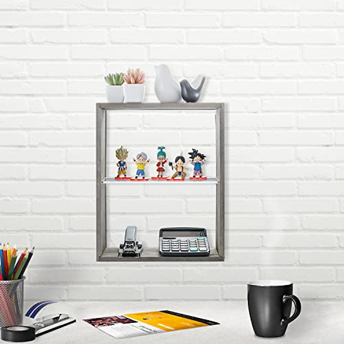 MyGift Wall Mounted Vintage Gray Solid Wood Shelf Rack with Clear Acrylic Shelving, Tabletop Memorabilia and Collectible Storage Shelf