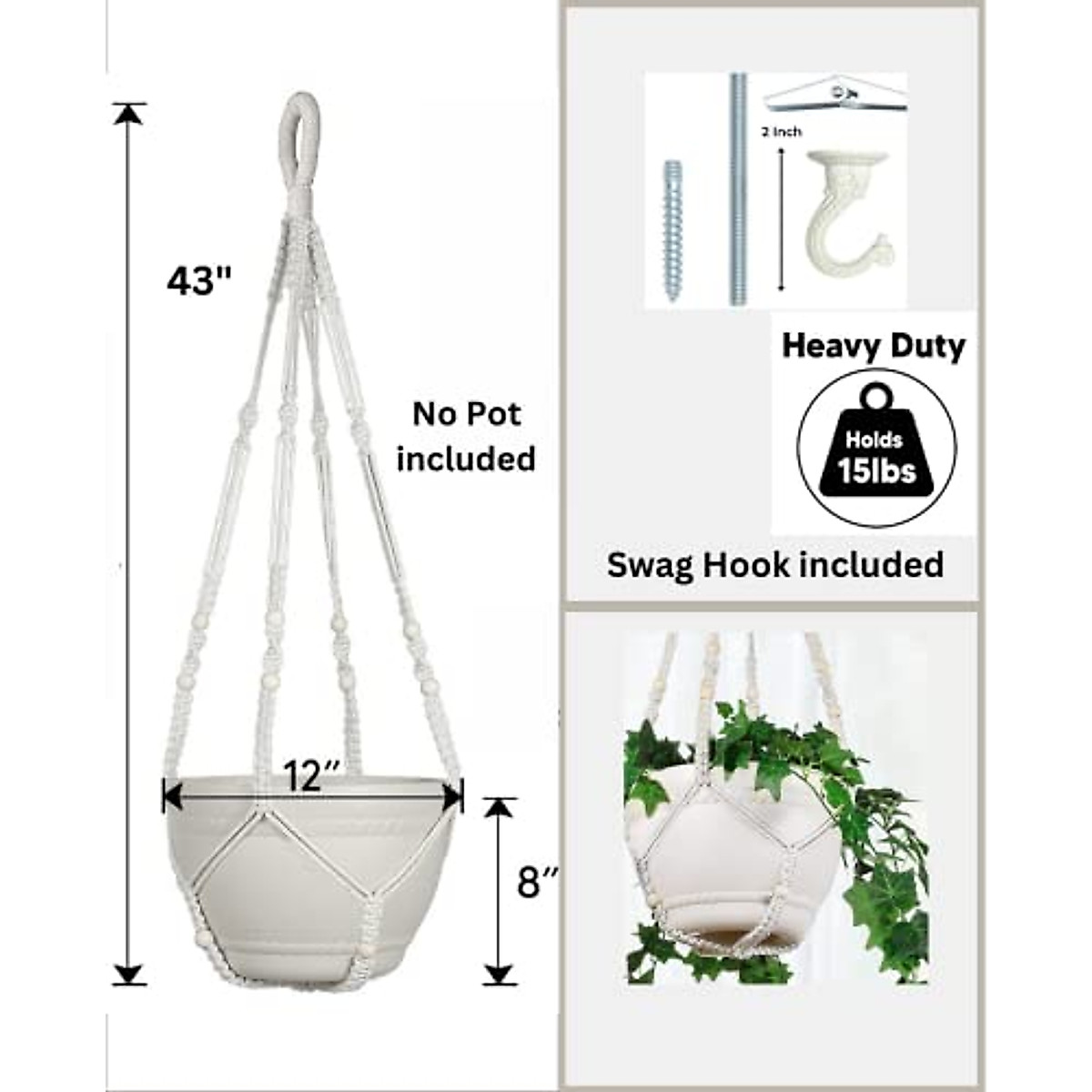 Shineloha 43 Inches Macrame Plant Hanger Large for up to 12 inch Pot | Extra Long + Hook | No Tassel, Cotton Rope Hanging Plant Holder with Swag Hook, NO Plant/Pot Included (White)…