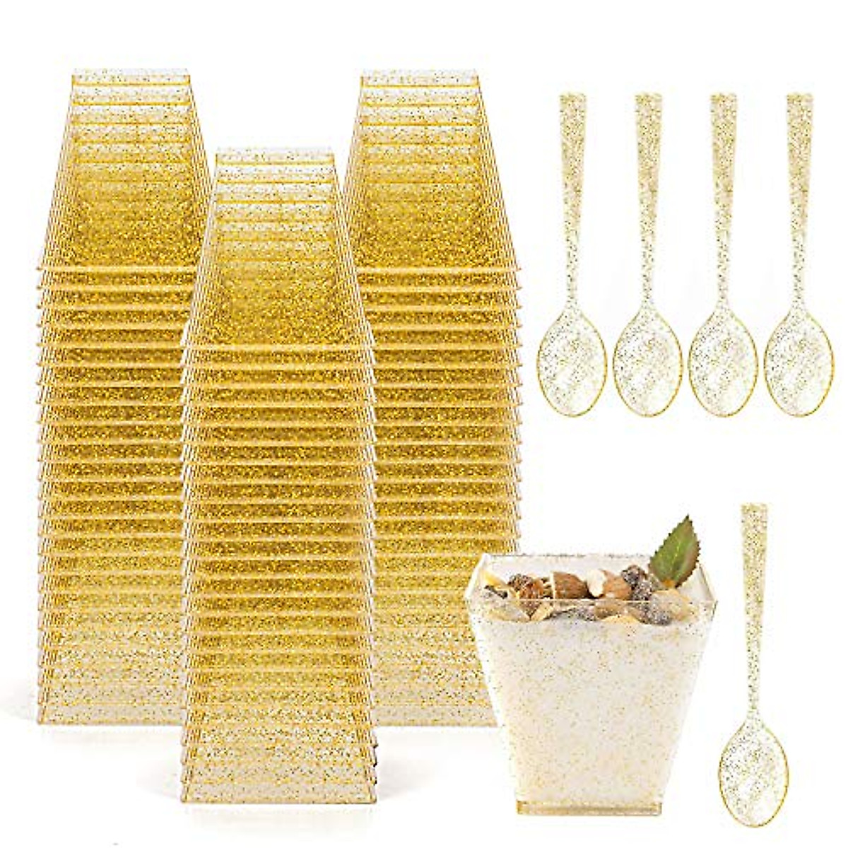Tebery 100 Pack 8oz Gold Glitter Medium Plastic Dessert Cups With 100 Spoons Square Dessert Bowls for Tasting Party Desserts Appetizers