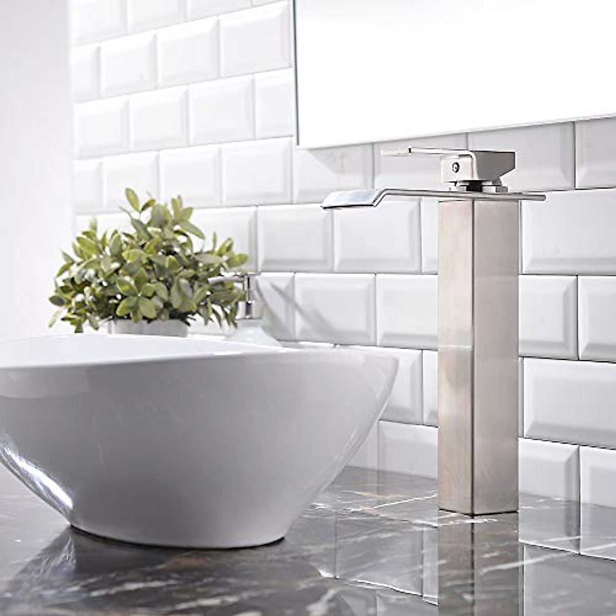 VESLA HOME Modern Single Handle Brushed Nickel Vessel Sink Faucet,Tall Wide Spout Waterfall Bathroom Faucet One Hole Above Counter Vanity Lavatory Sink Vessel Faucet