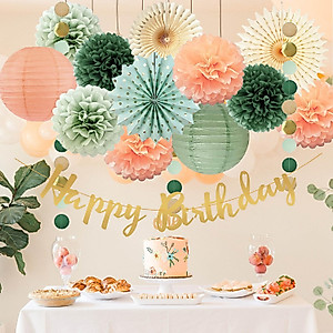 Sage Green and Peach Birthday Decorations Olive Sage Green Peach Tissue Paper Pom Poms Paper Lanterns Gold Happy Birthday Banner for Olive Sage Green and Peach Birthday Baby Shower Decorations