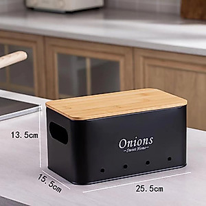 Simcat Kitchen Vegetable Storage Tins Set of 3, Potato Onion Garlic Kitchen Storage Canisters, Vegetable bin Keeper Containers with Aerating Holes and Wooden Lid (Black)