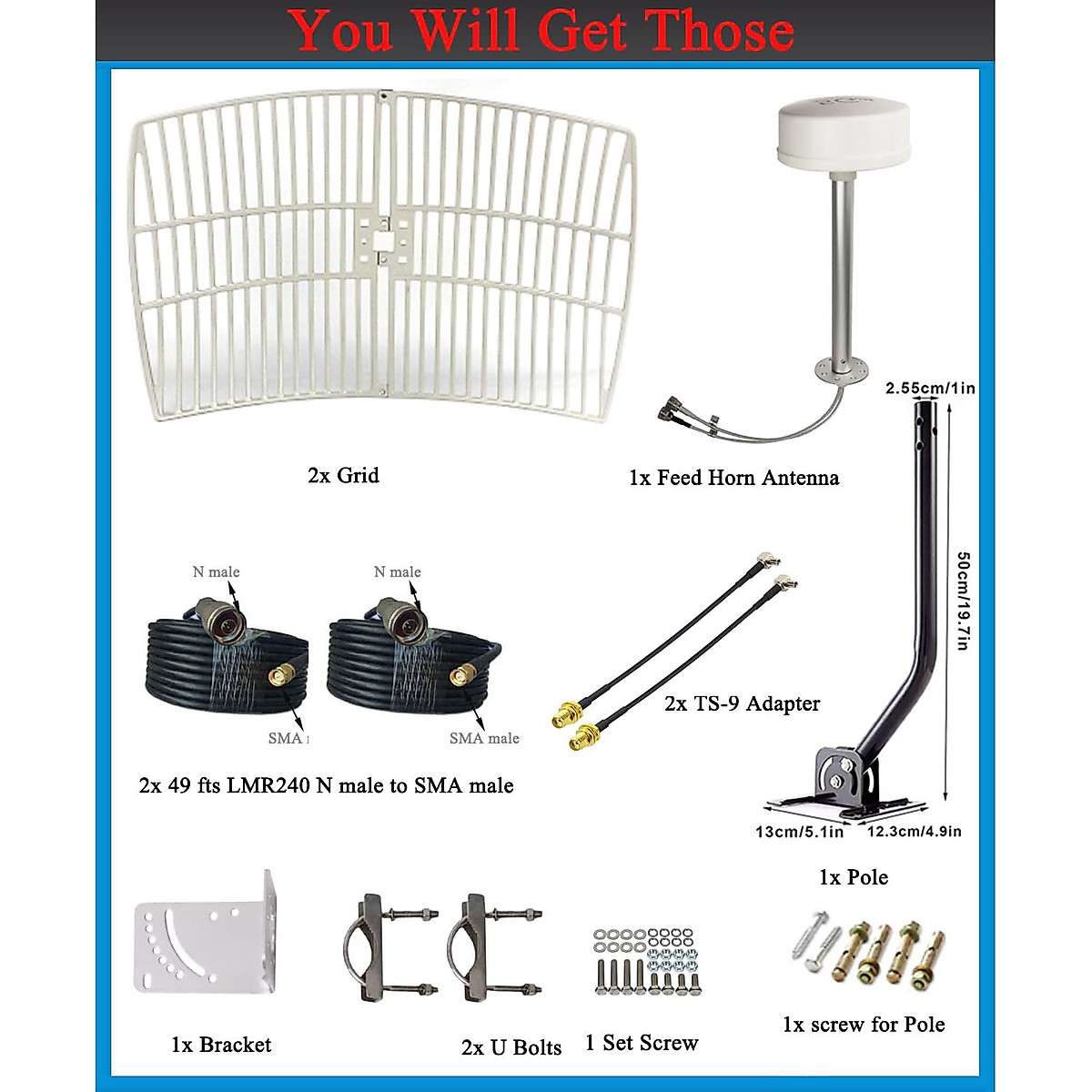 SIGNALPLUS Parabolic Antennas Kit, 2x2 MIMO Antenna 5G, 4G LTE Antenna Outdoor Directional WiFi Antennas Long Range for 5G 4G LTE Routers, TS-9, SMA, 698-6000MHz, 30dBi, 15meter LMR240, Mount Pole