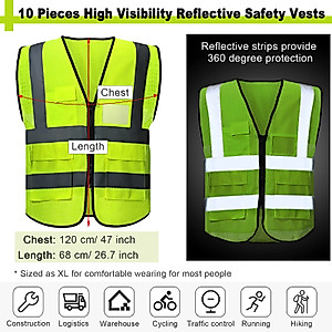 10 Pack Reflective Safety Vests with Pockets and Zipper, High Visibility Mesh Construction Vest for Men Women, Breathable Neon Working Vest for Outdoor Running Cycling Walking at Night One Size