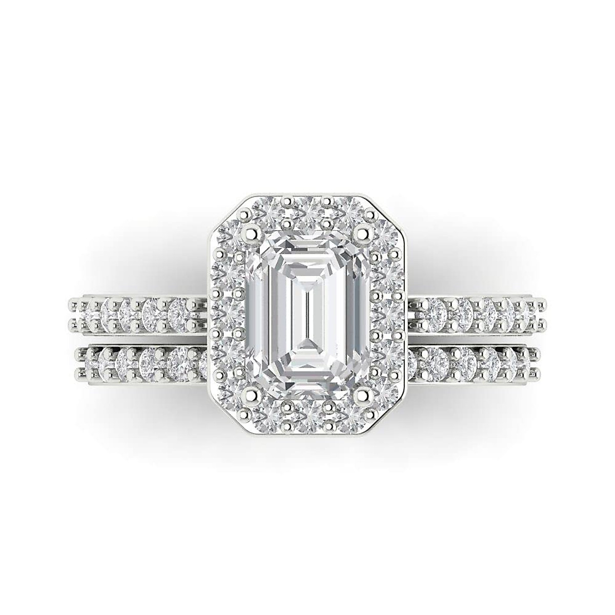 Clara Pucci 2.14 carat Emerald Cut Halo Solitaire White Sapphire Bridal Wedding Anniversary Ring band set 14k White Gold 10