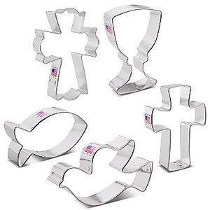 Communion Baptism Confirmation Easter Cookie Cutters 5-Pc. Set Made in the USA by Ann Clark, Chalice, Jesus Fish, Holy Cross, Dove, Fancy Cross