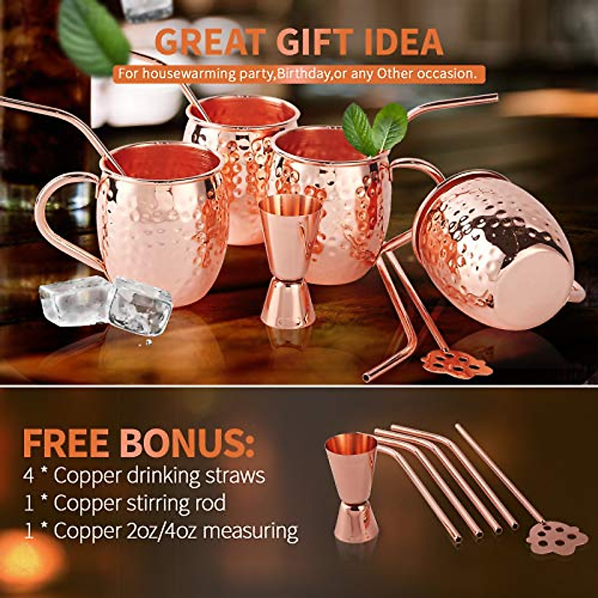 DOTGROUP Moscow Mule Mugs, Copper Mule Mugs Set of 4, Creative Hammer Point Copper Cups with Copper-plated Inner for Beer and Cocktail, 4 Cocktail Copper Straws, 1 Stirring Rod, 2oz/4oz Double Jigger
