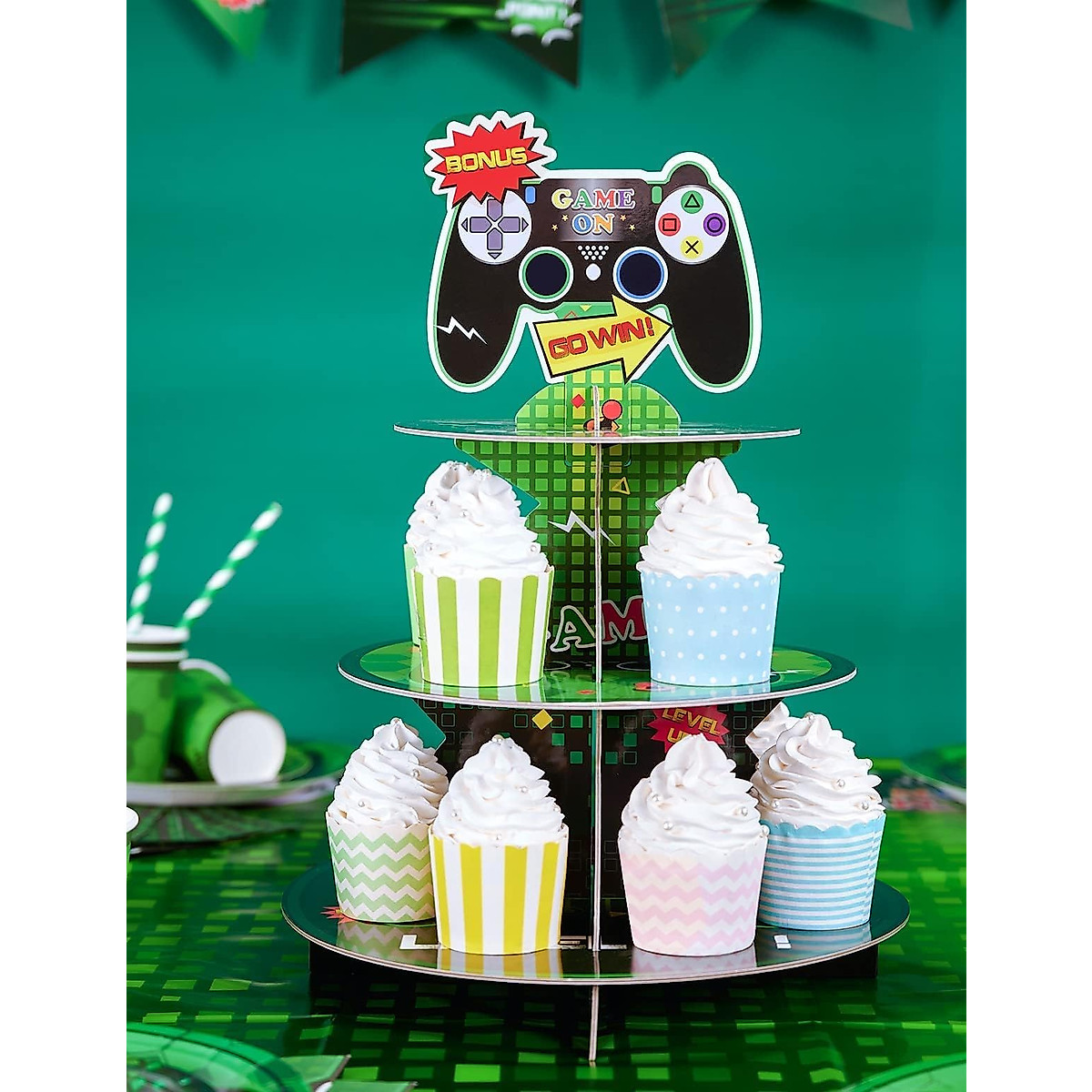 WERNNSAI Video Game Cupcake Stand - 3-Tier Gaming Party Decorations for Boys Cardboard Cupcake Holder Round Serving Tray Stand Dessert Tower Video Game Theme Birthday Party Supplies
