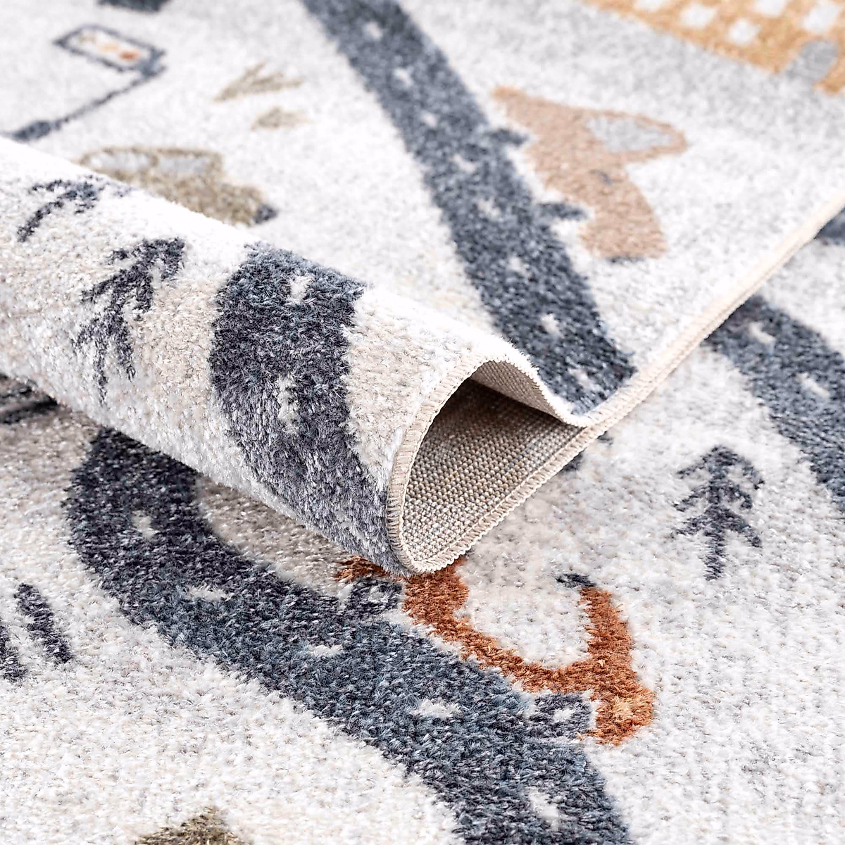 Hauteloom Mave Boys Room, Kids Room, Playroom Machine Washable Area Rug - Road Traffic Car City Carpet - Gray, Cream, Beige, Black - 5'3" x 7'