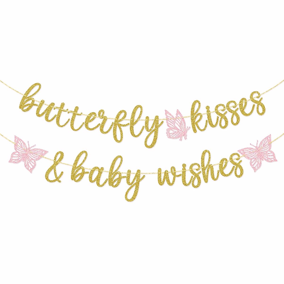 Butterfly Kisses and Baby Wishes Banner, Butterfly Themed Baby Shower Decorations for Girl, Pre-assembled, Gold Glitter