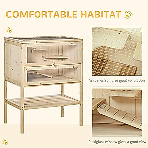 PawHut 3-Tier Wooden Hamster Cage Mice and Rat Cage Small Animals Hutch with Openable Top, Front Door, Storage Shelf