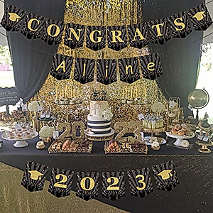 Graduation Banner 2023 Personalized Black and Gold - Congrats Grad Bunting Banner 2023 with Gold Pens for Car Home Senior College Graduation Party Decorations