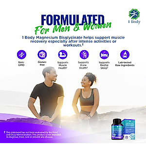 1 Body Magnesium Bisglycinate Supplement, 44 mg Pure Chelated Formula, 120 Capsules, Maximum Absorption, Muscle Cramp Relief