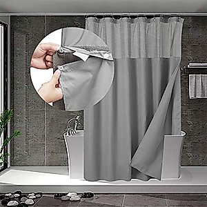 N&Y HOME Waffle Weave Shower Curtain with Snap-in Fabric Liner Set, 12 Hooks Included - Grey Shower Curtain Hotel Style, Water-Repellent & Washable, Mesh Top Window - 71x72, Gray