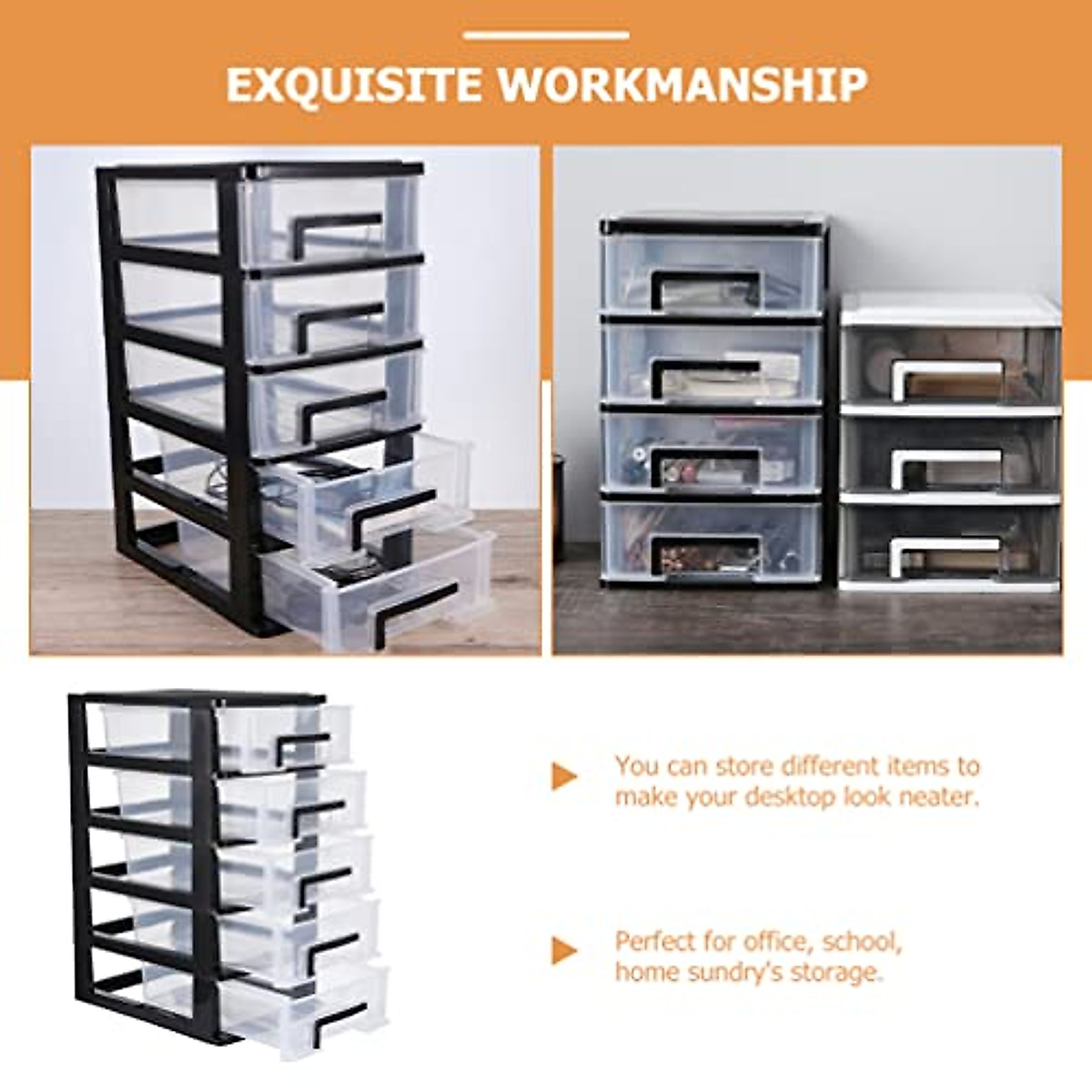 Tofficu 5 Drawer Storage Tower Plastic Storage Multifunctional Storage Cabinet with Clear Drawers Storage Case Organizer for Craft Stationary(Black)