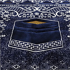 Modefa Free Prayer Cap, Beads & Car Hanger, Islamic Prayer Rug Janamaz - Plush Velvet Wide (Navy Blue)